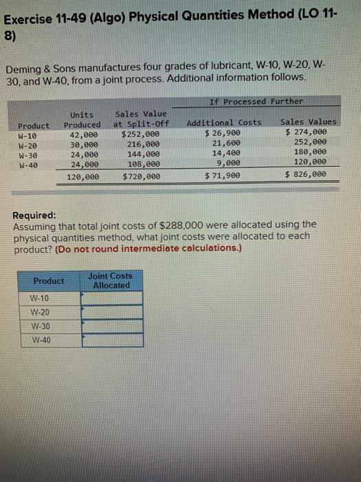 Solved Exercise 11-49 (Algo) Physical Quantities Method (LO | Chegg.com