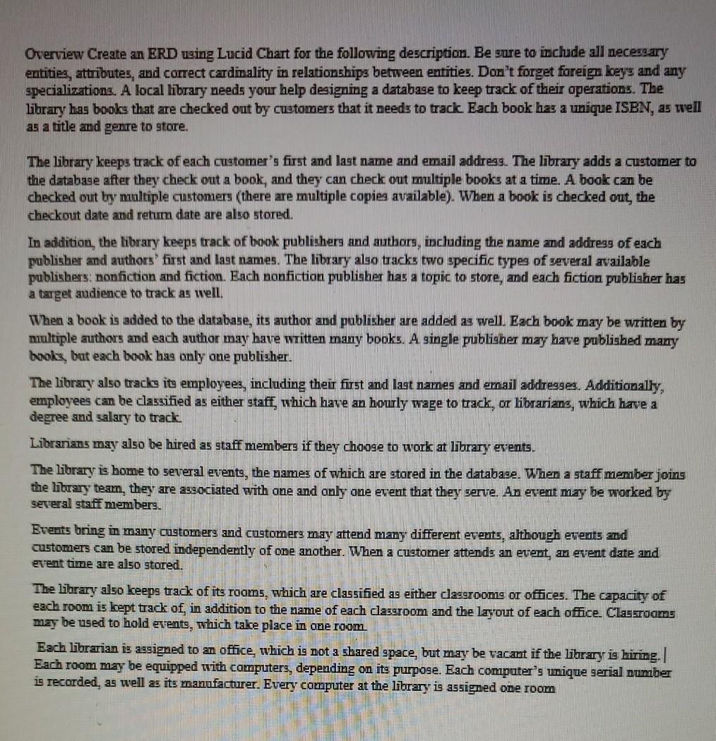 Solved Overview Create an ERD using Lucid Chart for the | Chegg.com