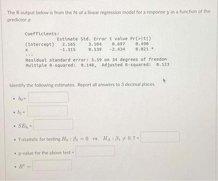 Solved The R output below is from the fit of a linear | Chegg.com
