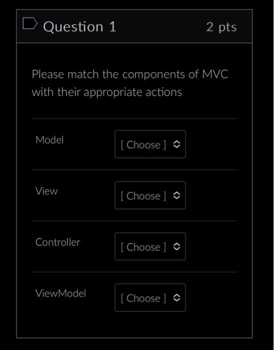 Solved Question 1 2 pts Please match the components of MVC | Chegg.com