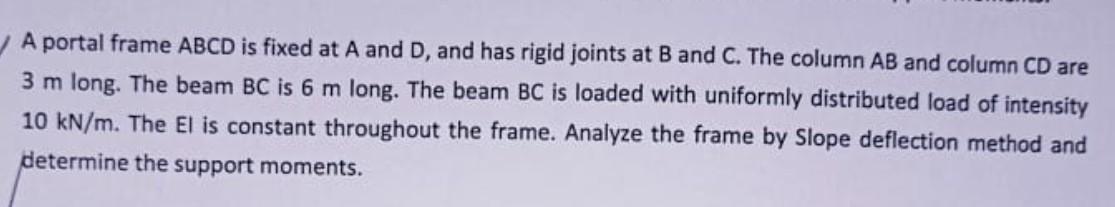 Solved A portal frame ABCD is fixed at A and D, and has | Chegg.com