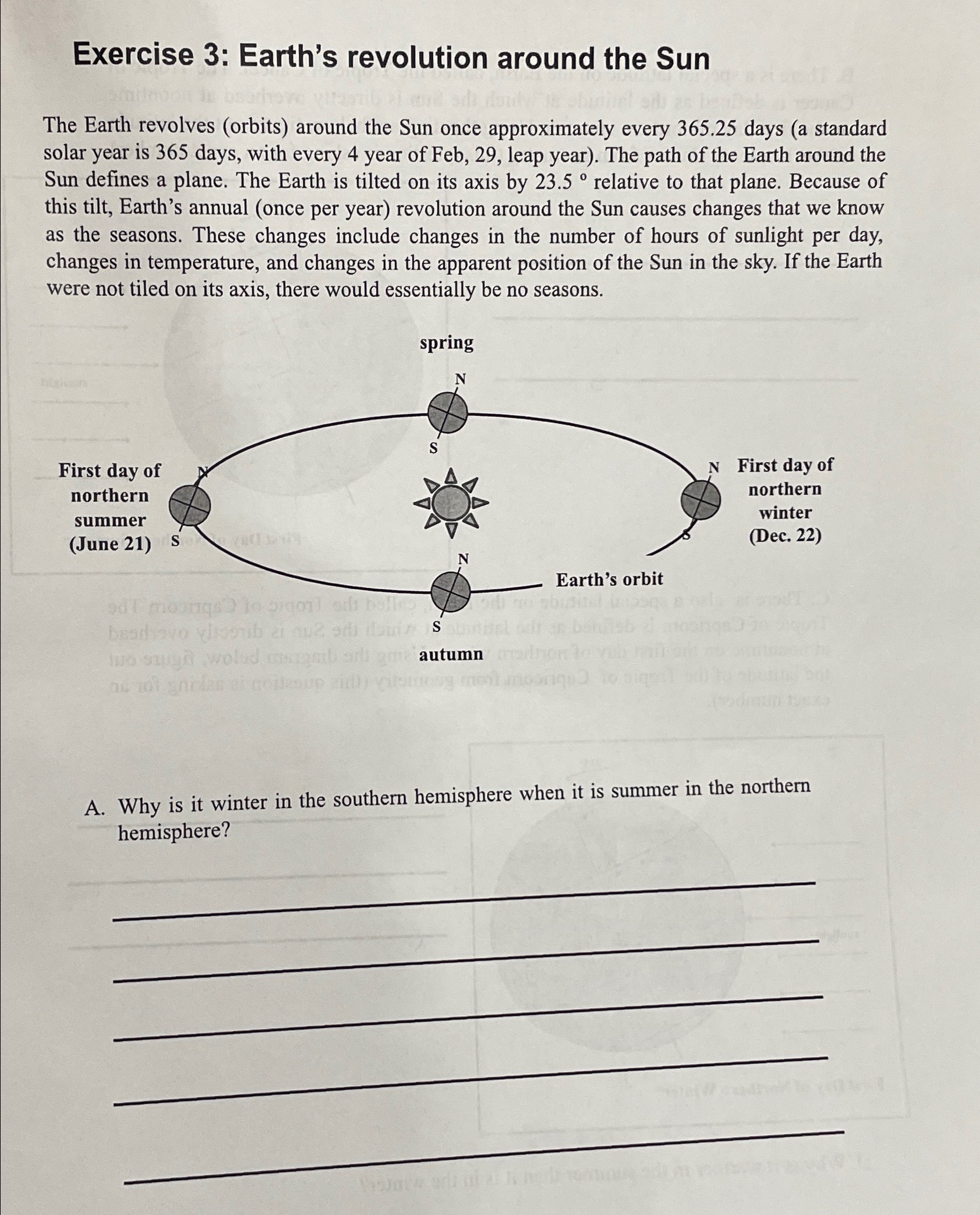 Solved Exercise 3: Earth's revolution around the SunThe | Chegg.com