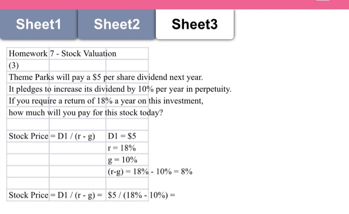 Solved Sheet1 Sheet2 Sheet3 Homework 7-Stock Valuation (1) | Chegg.com