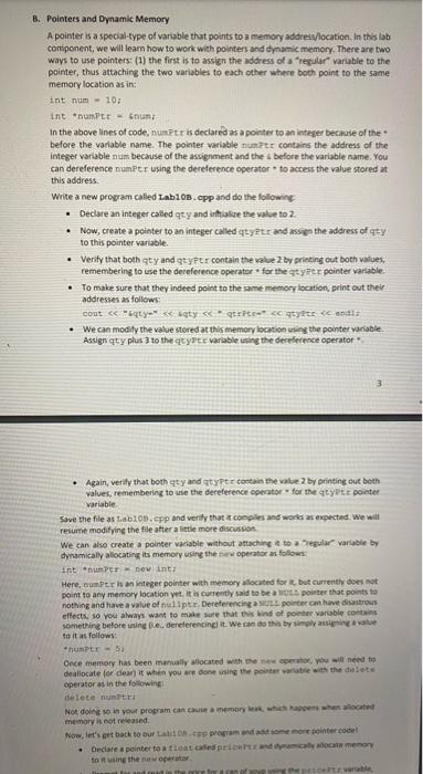 Solved B. Pointers and Dynamic Memory A pointer is a | Chegg.com