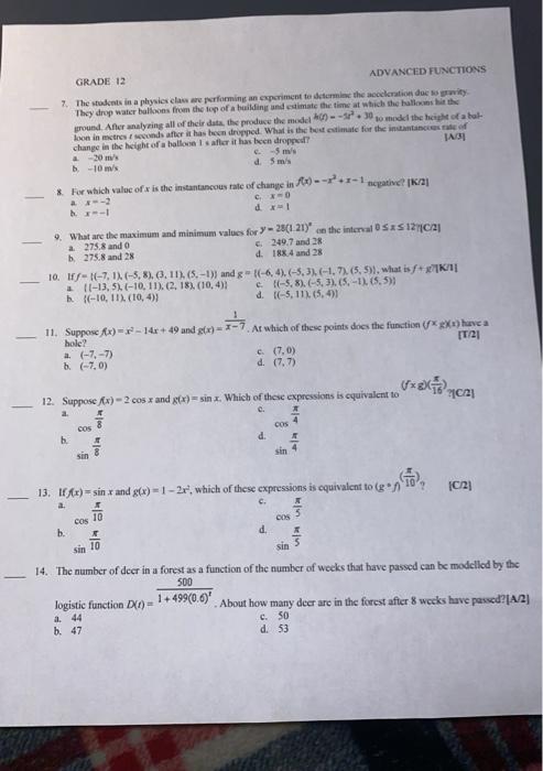 Solved GRADE 12 ADVANCED FUNCTIONS 7. The students in a | Chegg.com