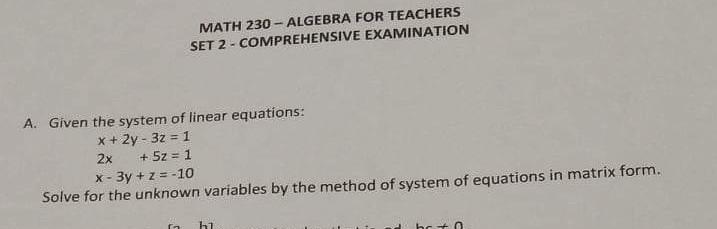 Solved MATH 230 - ALGEBRA FOR TEACHERS SET 2 - COMPREHENSIVE | Chegg.com