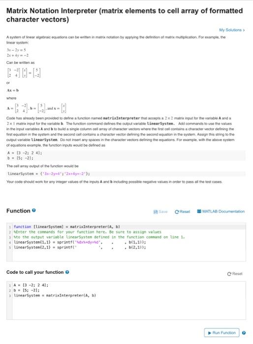 Solved Matrix Notation Interpreter (matrix elements to cell | Chegg.com