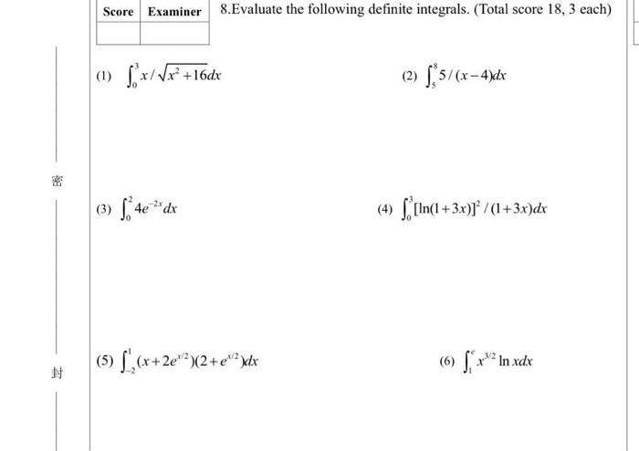 Solved 8.Evaluate the following definite integrals. (Total | Chegg.com