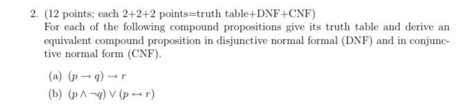 Solved 2. (12 points; each 2+2+2 points=truth table+DNF+CNF) | Chegg.com