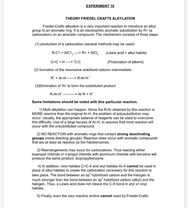 Solved EXPERIMENT 18 THEORY FRIEDEL CRAFTS ALKYLATION | Chegg.com