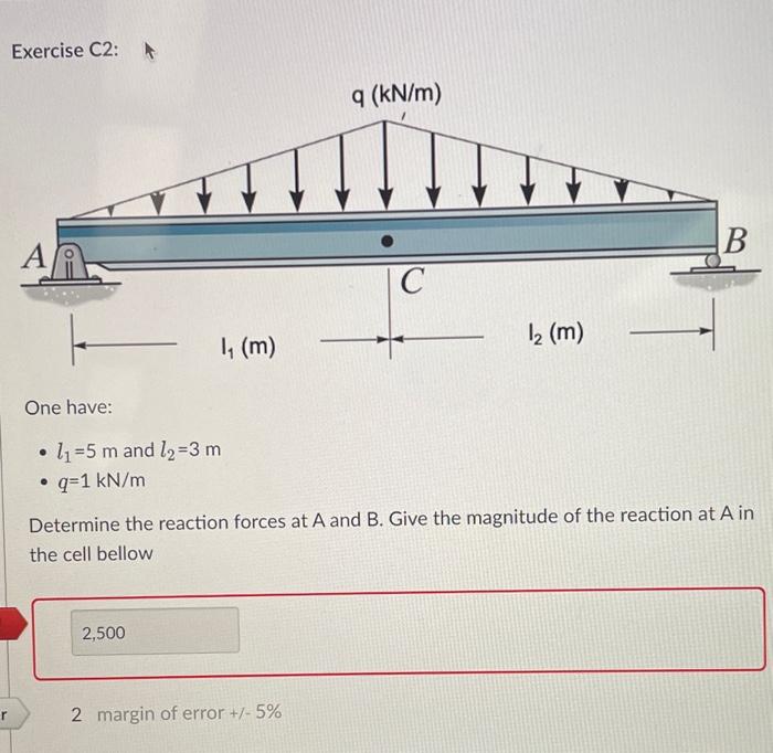 Solved Exercise C2: One have: - l1=5 m and l2=3 m - q=1kN/m | Chegg.com