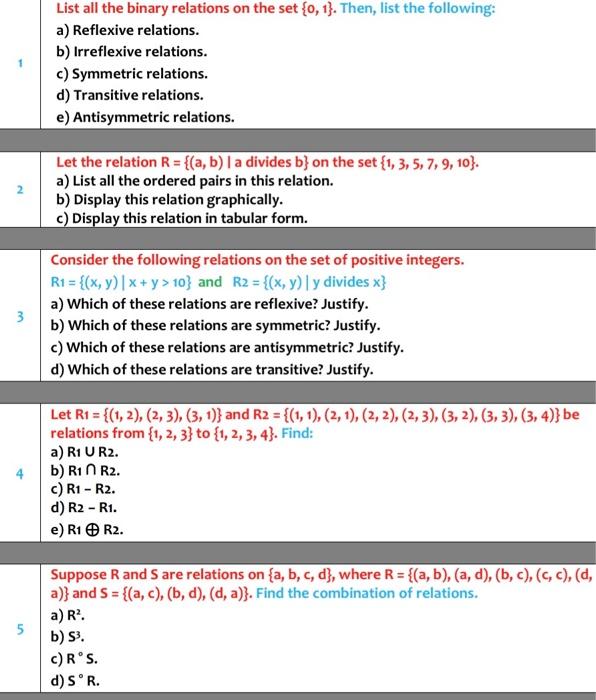 Solved List all the binary relations on the set {0,1}. Then, | Chegg.com