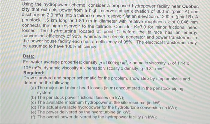 Solved Using the hydropower scheme, consider a proposed | Chegg.com