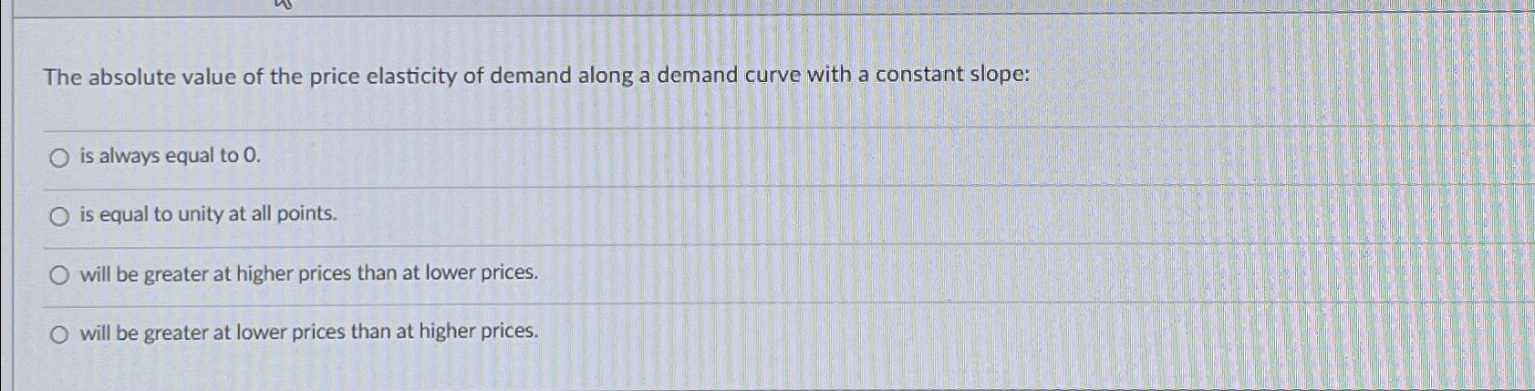 Solved The absolute value of the price elasticity of demand | Chegg.com