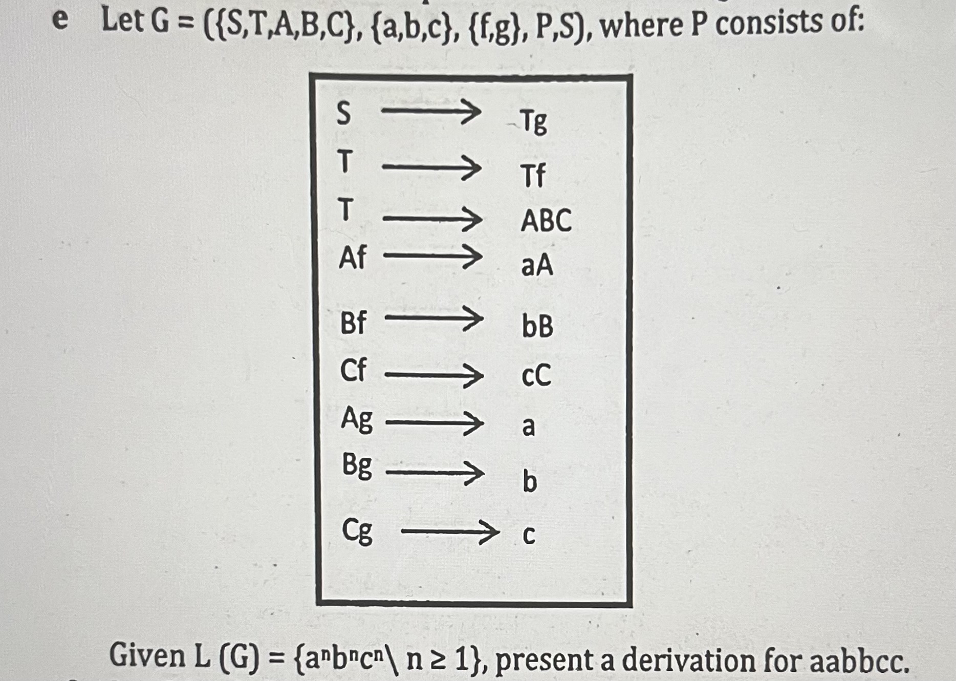 Solved e Let G=({S,T,A,B,C},{a,b,c},{f,g},P,S), ﻿where P | Chegg.com