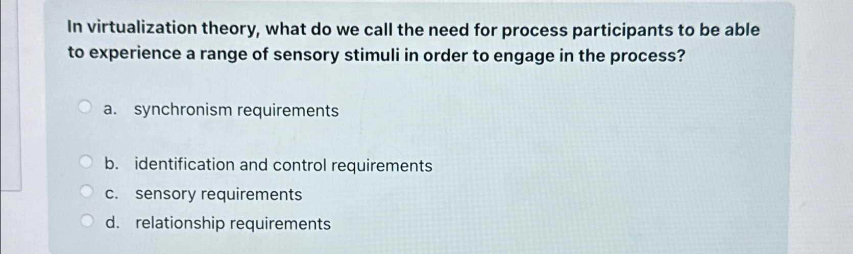 Solved In virtualization theory, what do we call the need | Chegg.com