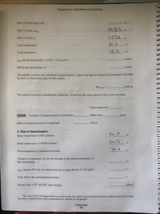 Experiment 8: Heat Effects and Calorimetry Experiment | Chegg.com
