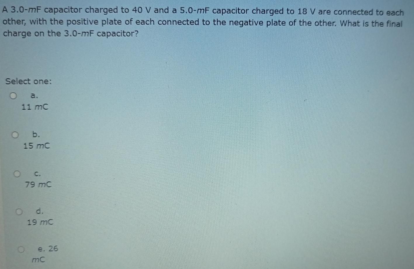 Solved A 3.0-mF capacitor charged to 40 V and a 5.0-mF | Chegg.com