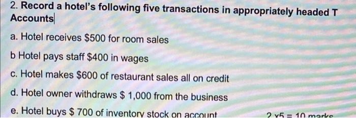 Solved 2. Record a hotel's following five transactions in | Chegg.com