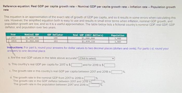 Solved Reference equation: Real GDP per capita growth rate = | Chegg.com