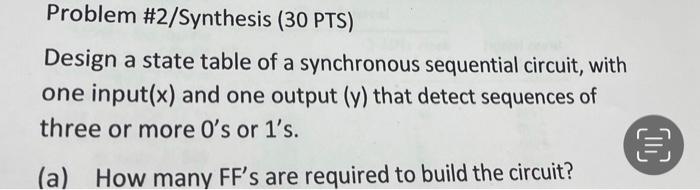 Solved Problem #2/Synthesis (30 PTS) Design a state table of | Chegg.com