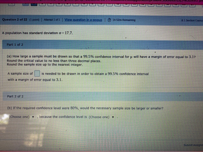 Solved a population has a standard deviation of 17.7 (a) how | Chegg.com