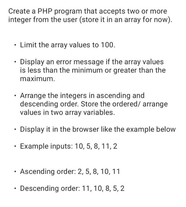 Solved Create a PHP program that accepts two or more integer | Chegg.com