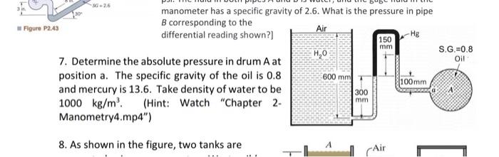 Solved manometer has a specific gravity of 2.6. What is the | Chegg.com