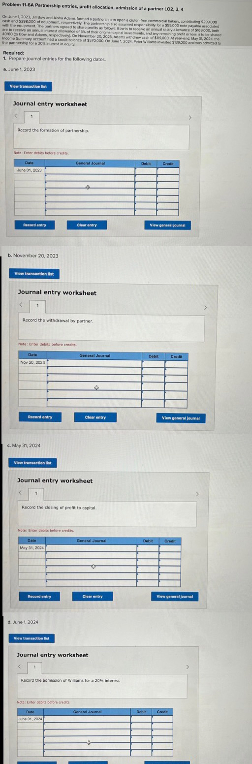 Solved Problem 11-6A Partnership entries, profit allocation, | Chegg.com