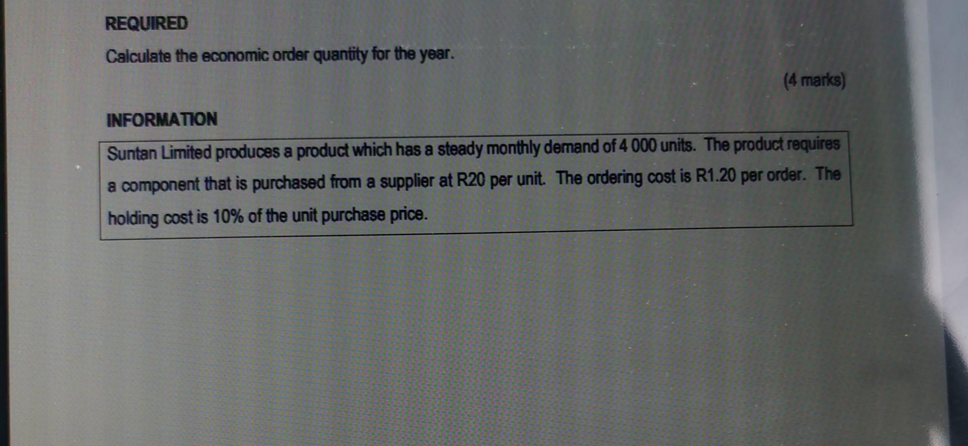 Solved REQUIRED Calculate the economic order quantity for | Chegg.com