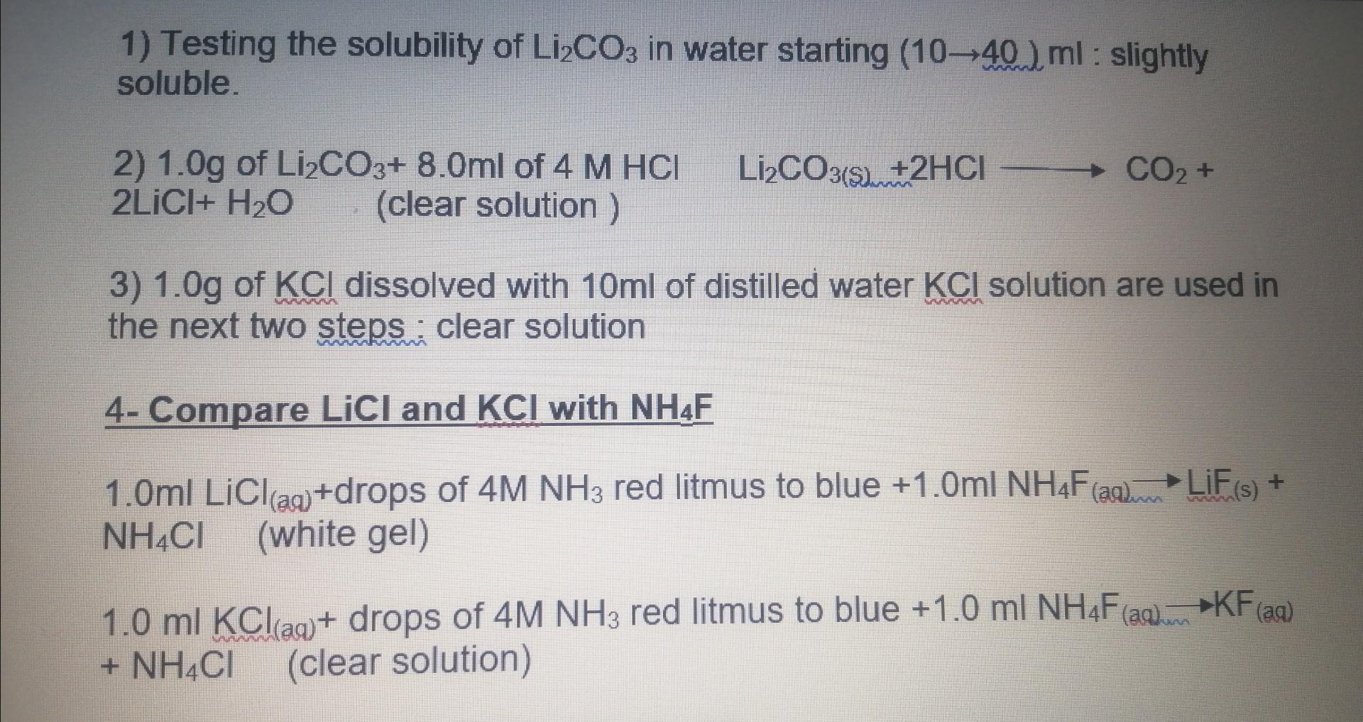 Solved 1) Testing the solubility of Li2CO3 in water starting | Chegg.com