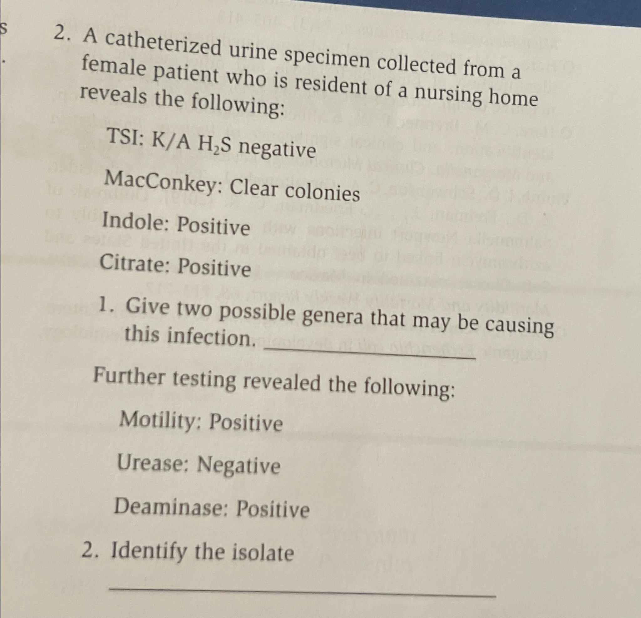 Solved A catheterized urine specimen collected from a female | Chegg.com