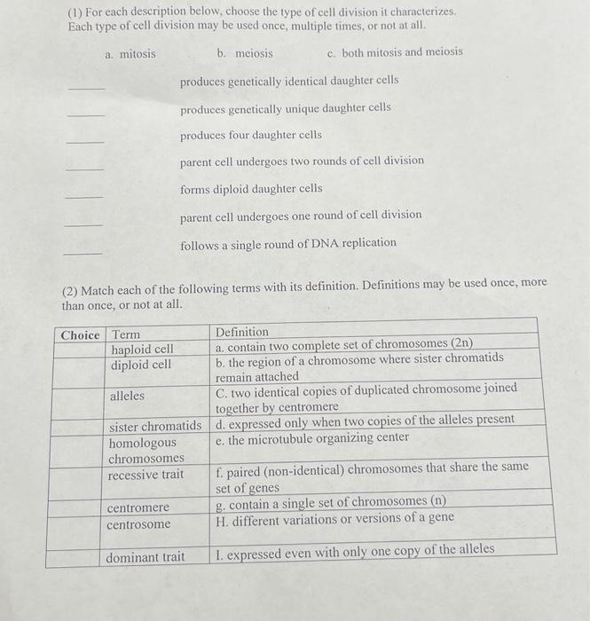 (1) For each description below, choose the type of | Chegg.com