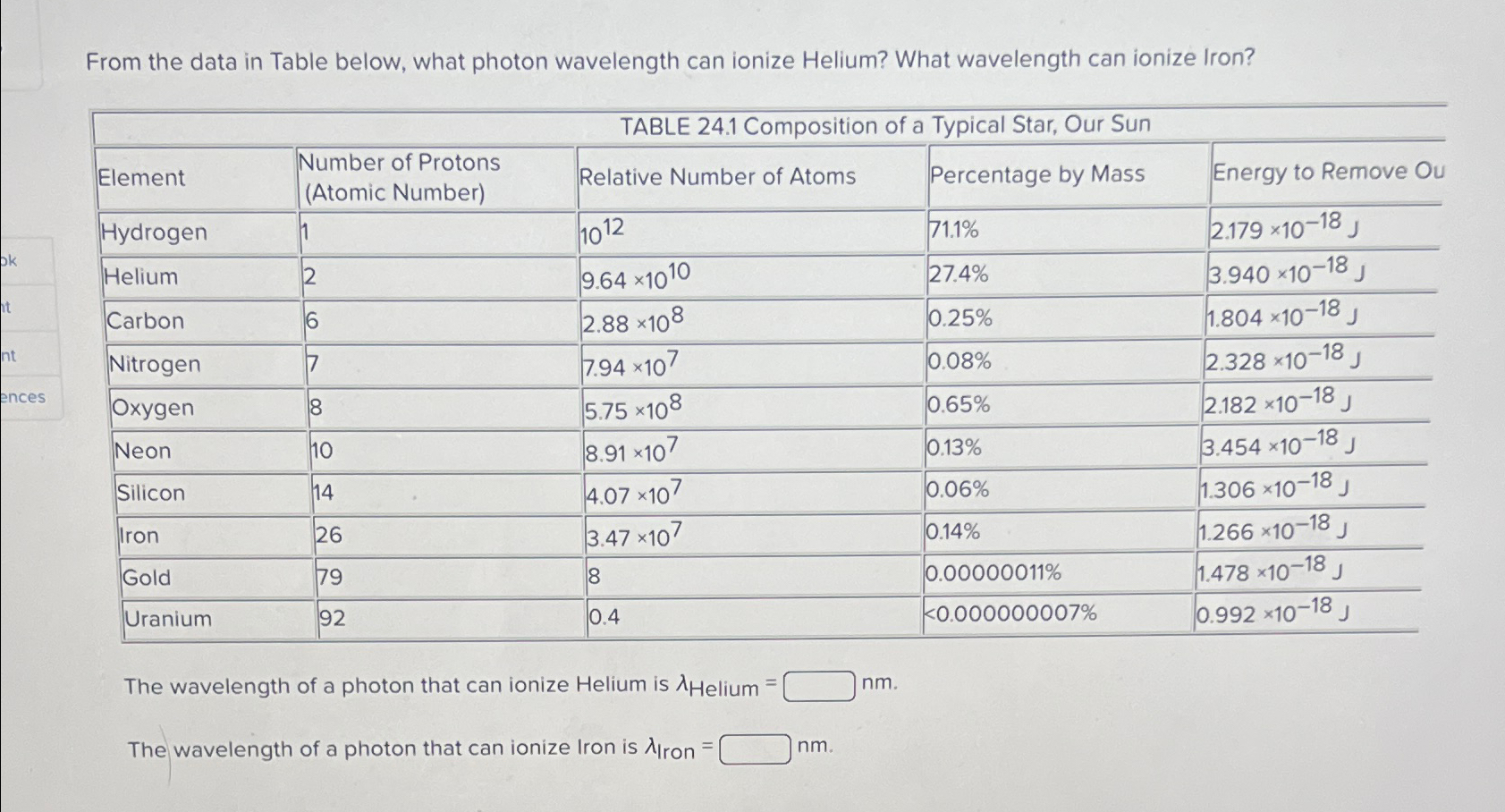 Solved From the data in Table below, what photon wavelength | Chegg.com