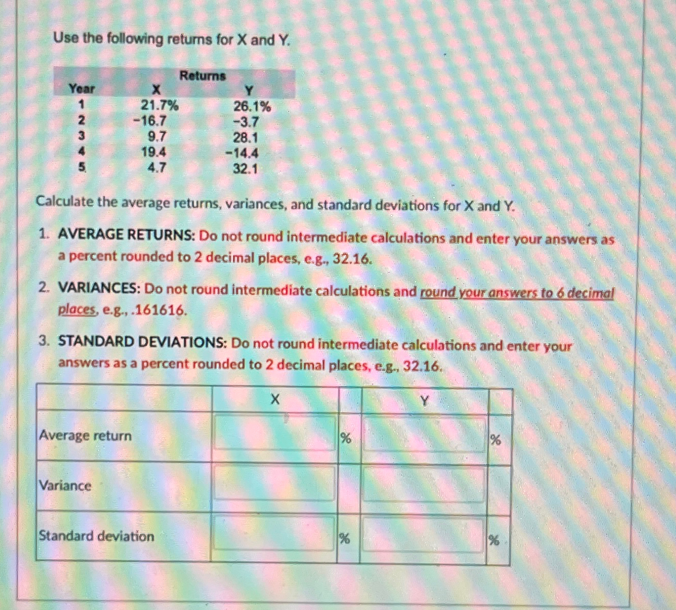 Solved Use the following returns for x ﻿and | Chegg.com