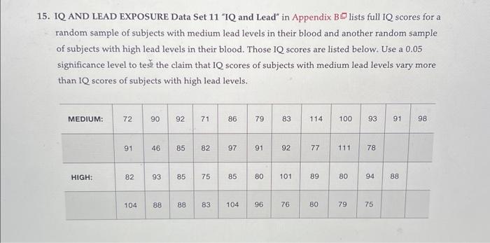 Solved 15. IQ AND LEAD EXPOSURE Data Set 11 "IQ and Lead" in | Chegg.com