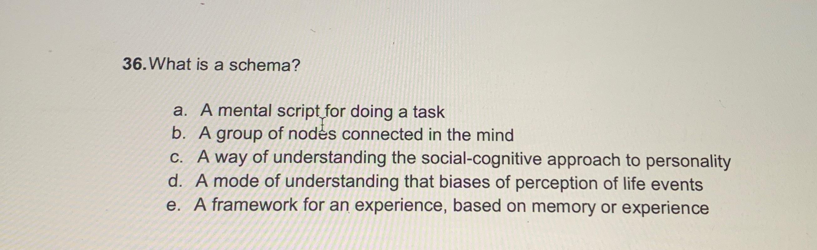 Solved What is a schema?a. ﻿A mental script for doing a | Chegg.com