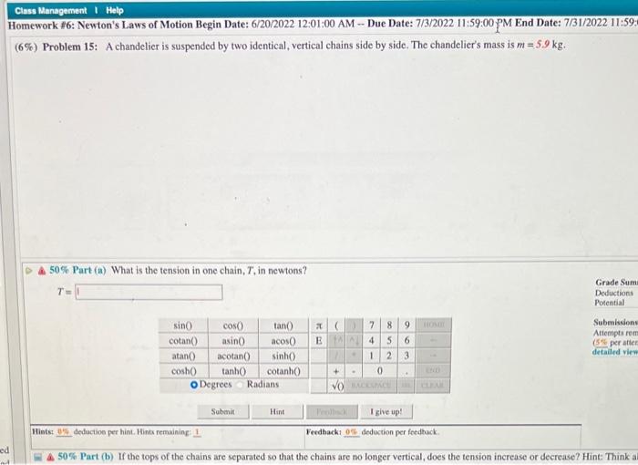 Solved Class Management I Help Homework #6: Newton's Laws of | Chegg.com