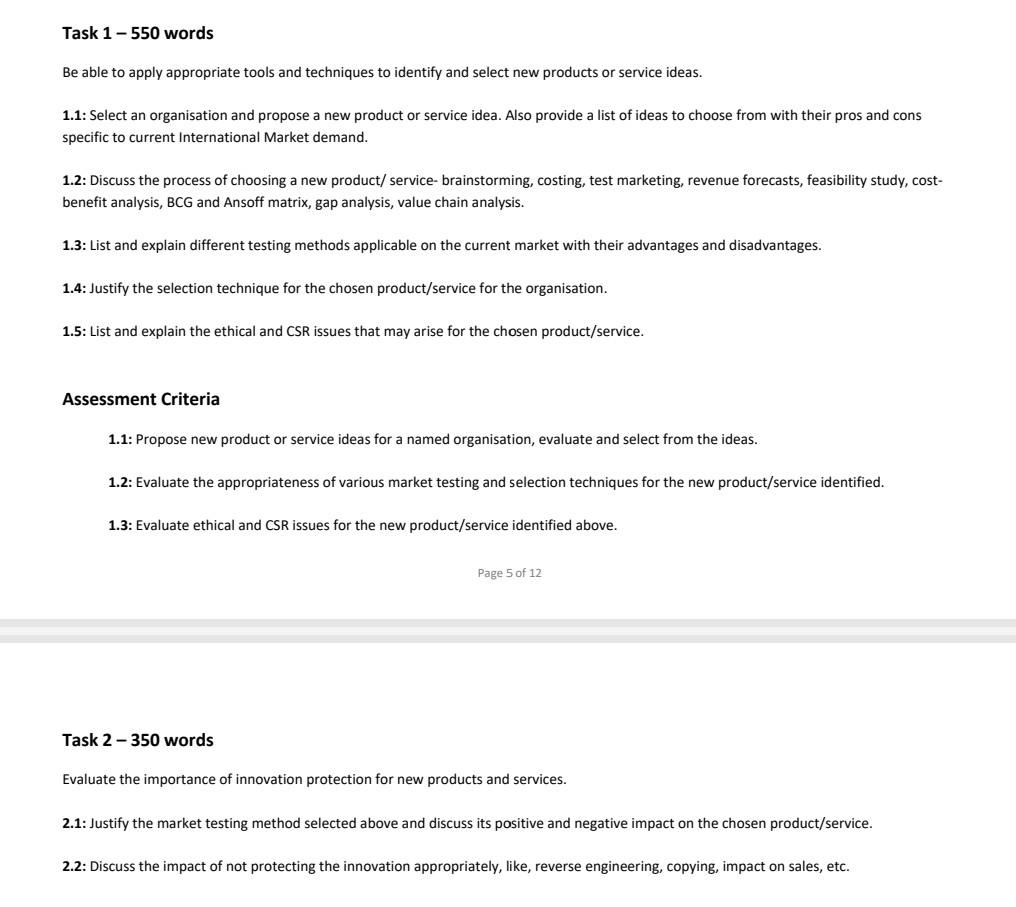 Solved Assessment Criteria 1.1: Propose new product or | Chegg.com