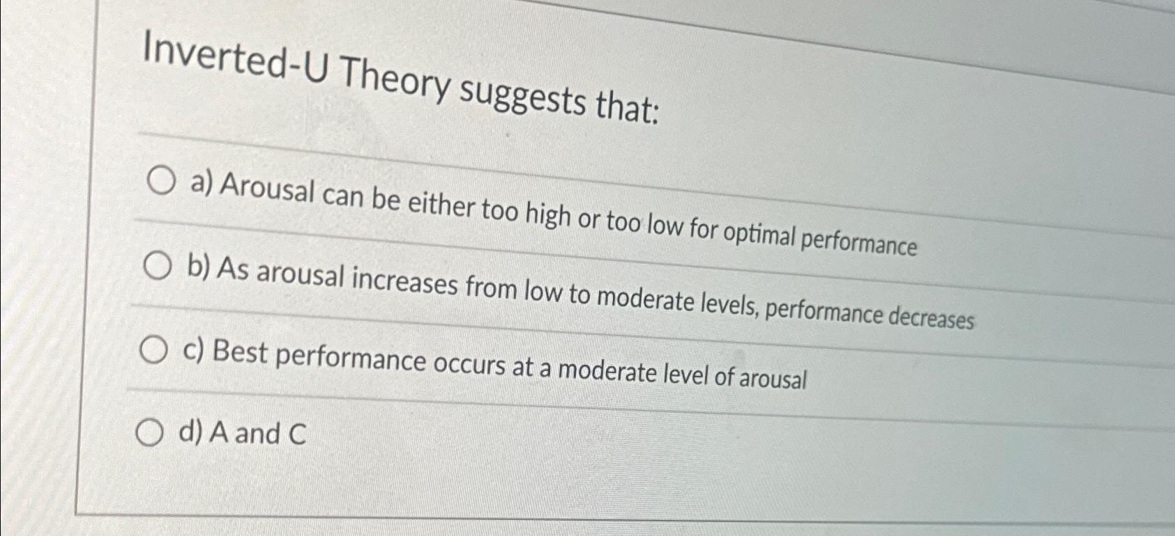 Solved Inverted-U Theory suggests that:a) ﻿Arousal can be | Chegg.com