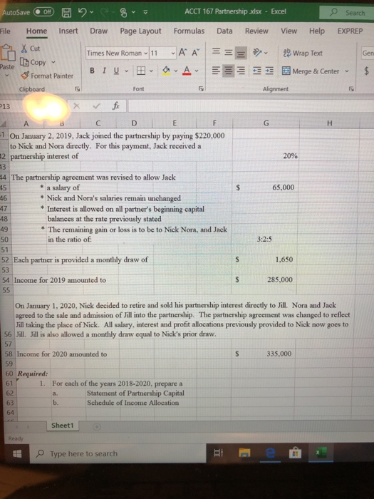Solved 8 ACCT 167 Partnership xlsx - Excel Formulas Data | Chegg.com