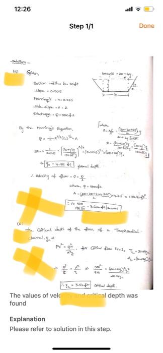 Qutsticen 5The val of velocity and critical depth was | Chegg.com