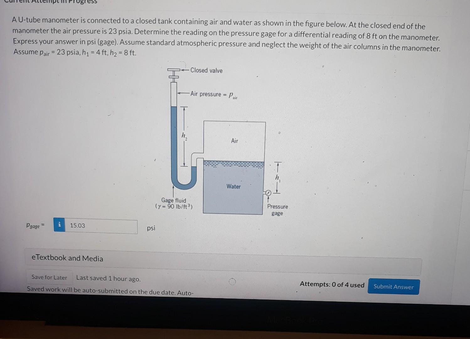 Solved A U-tube manometer is connected to a closed tank | Chegg.com