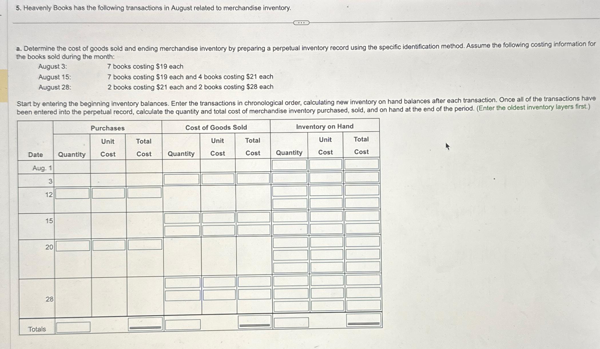 Solved Aug. 1 ﻿Beginning merchandise inventory, 15 ﻿books @ | Chegg.com