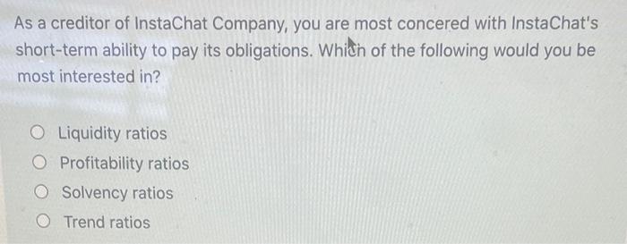 Solved As a creditor of InstaChat Company, you are most | Chegg.com