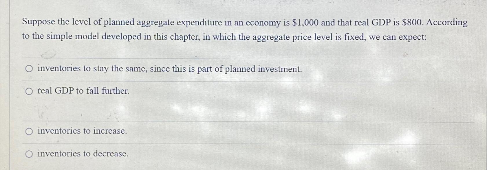 Solved Suppose the level of planned aggregate expenditure in | Chegg.com