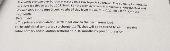 Solved The initial average overburden pressure on a clay | Chegg.com