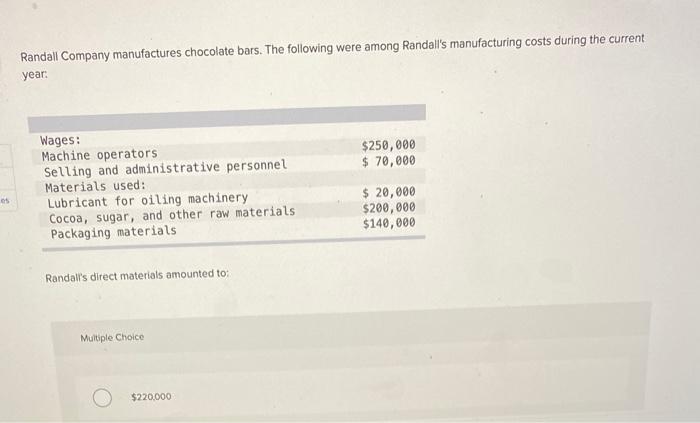 Solved Randall Company manufactures chocolate bars. The | Chegg.com