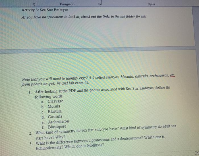 Solved Paragraph Styles Activity 3: Sea Star Embryos As you | Chegg.com