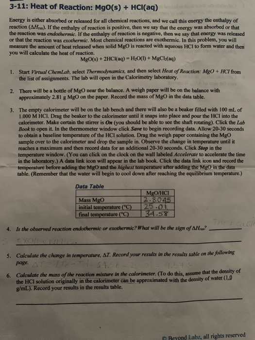 Solved 3-11: Heat of Reaction: MgO(s) + HCl(aq) Energy is | Chegg.com